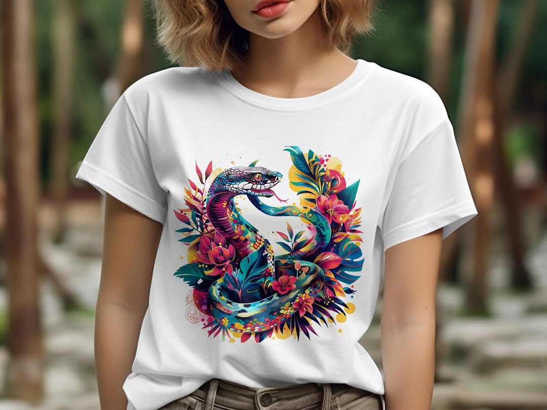 Colorful Serpent Graphic Tee, Tropical Floral Snake Design, Unisex ...