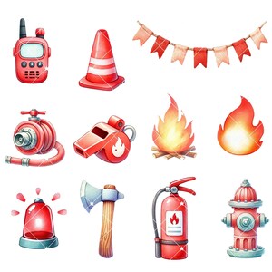 Watercolor Firefighters Clipart Bundle: Fire Truck, Station (PNG ...