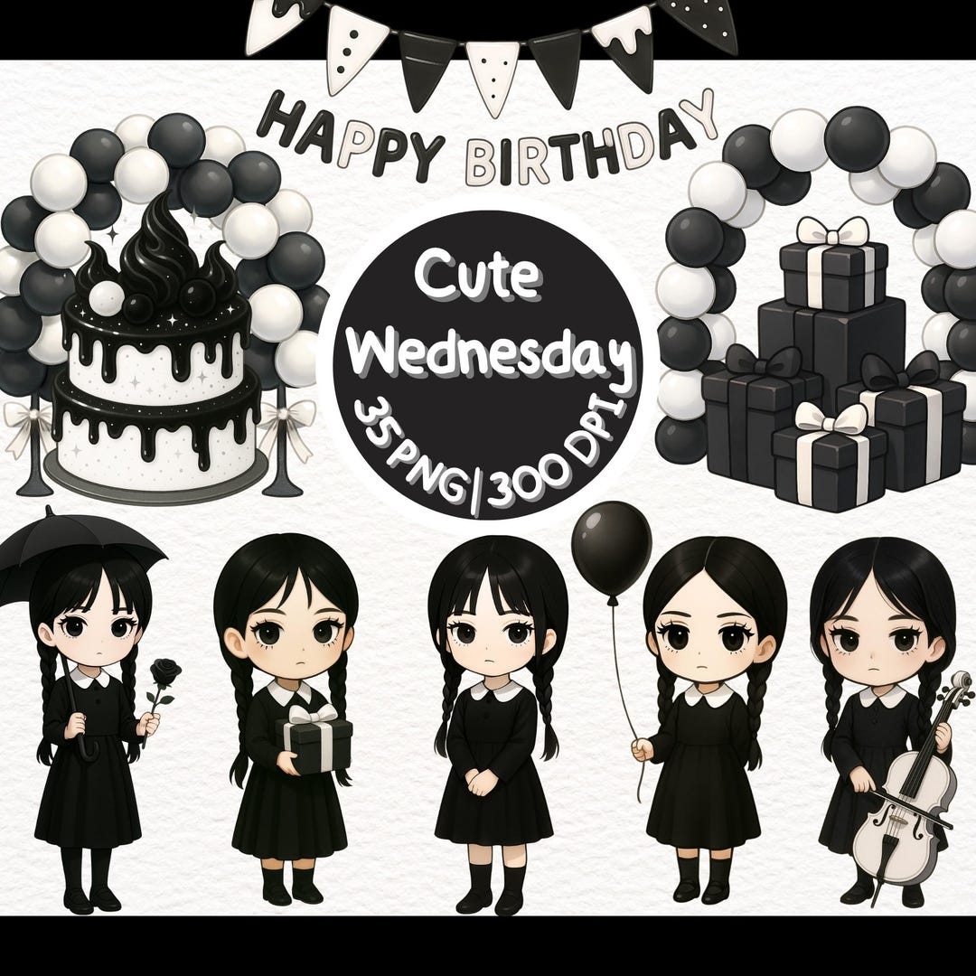 Wednesday Addams Birthday Clipart: Gothic Chibi Girl PNG Set (digital ...