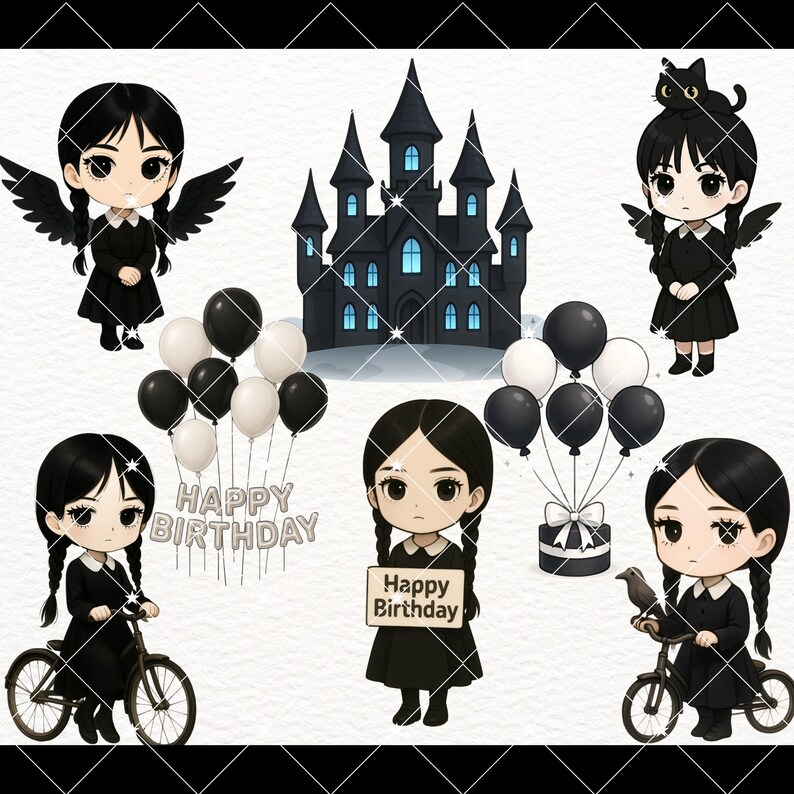 Wednesday Addams Birthday Clipart: Gothic Chibi Girl PNG Set (digital ...