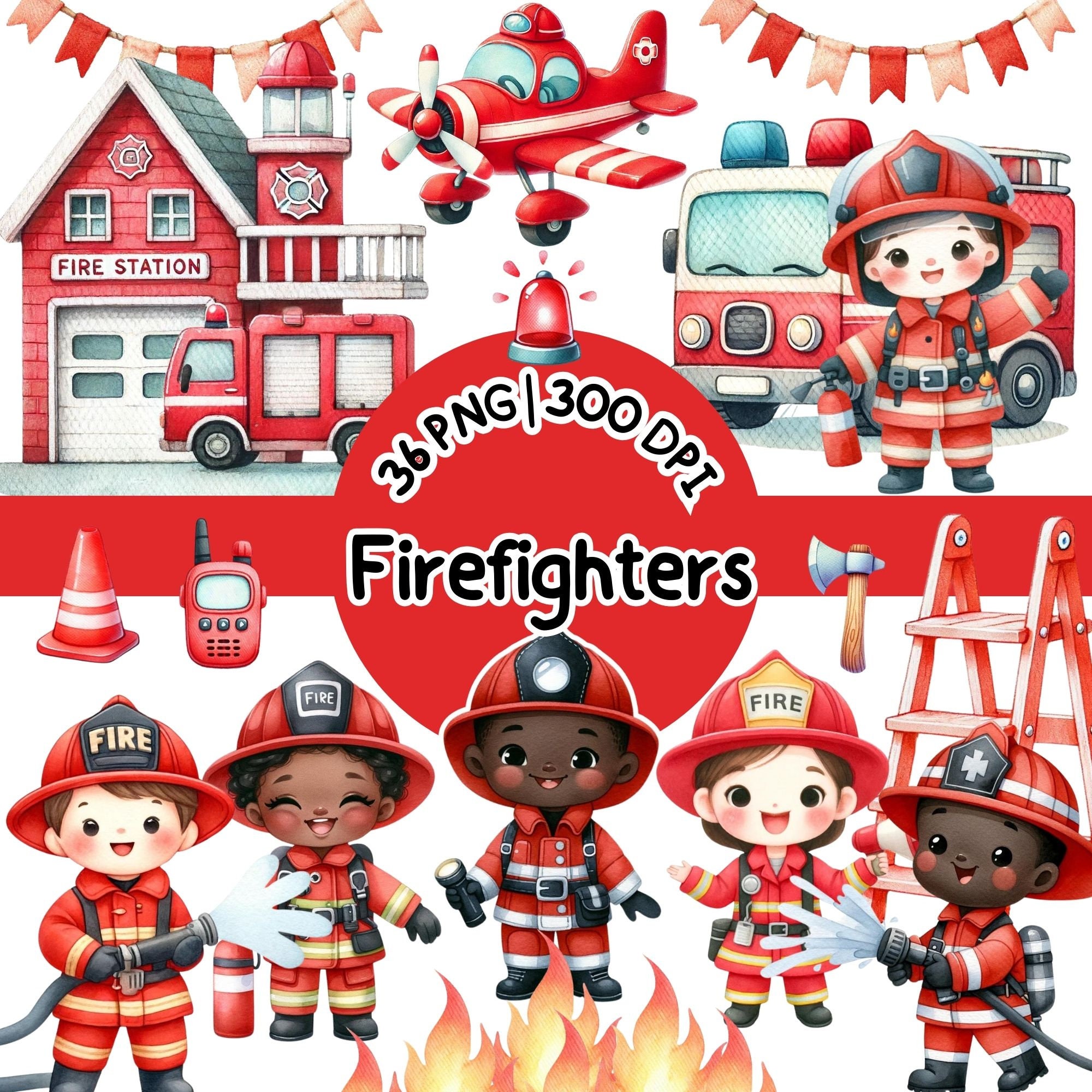 Firefighters Clipart Bundle, Watercolor Fire Department, Firemen, Fire ...