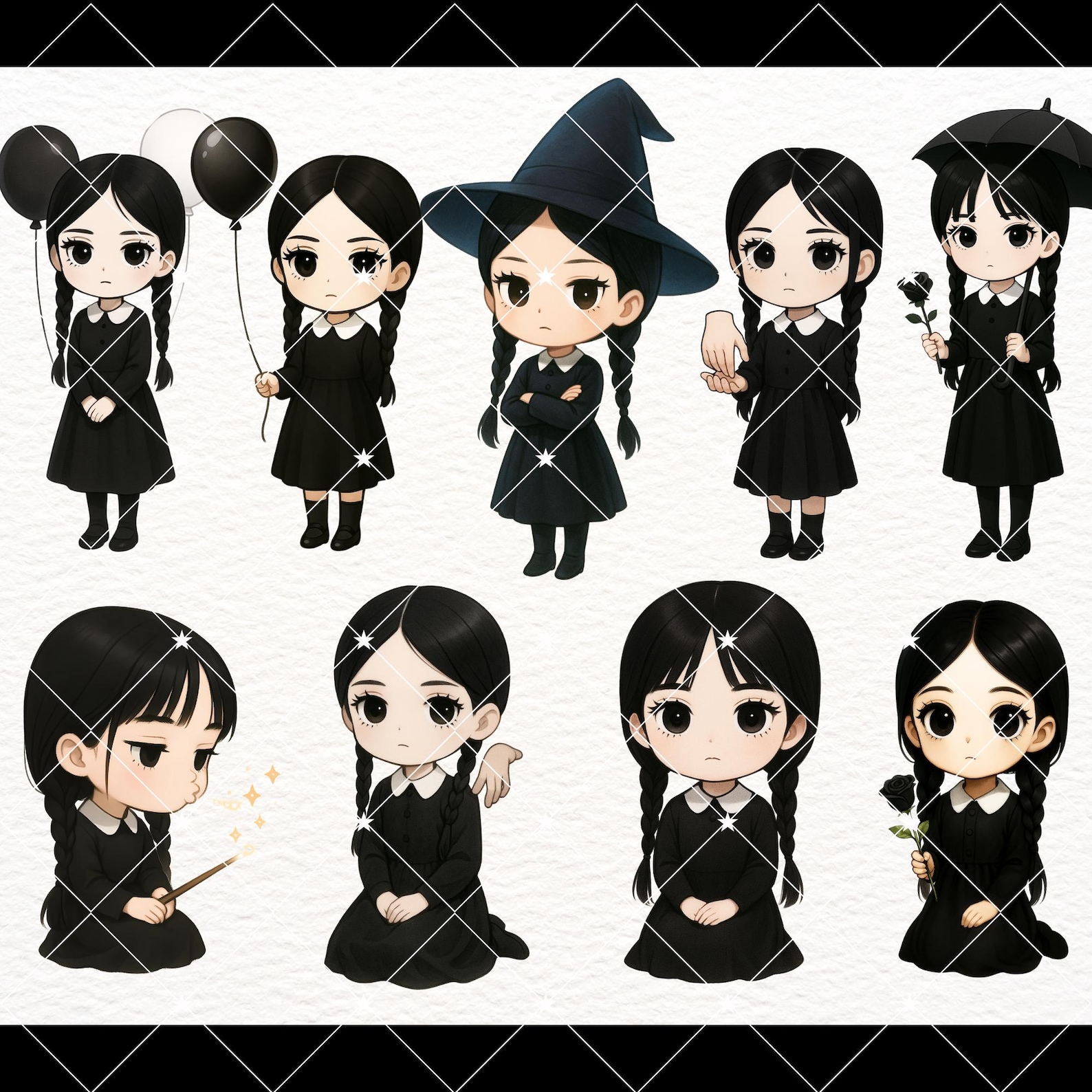 Wednesday Addams Birthday Clipart: Gothic Chibi Girl PNG Set (digital ...