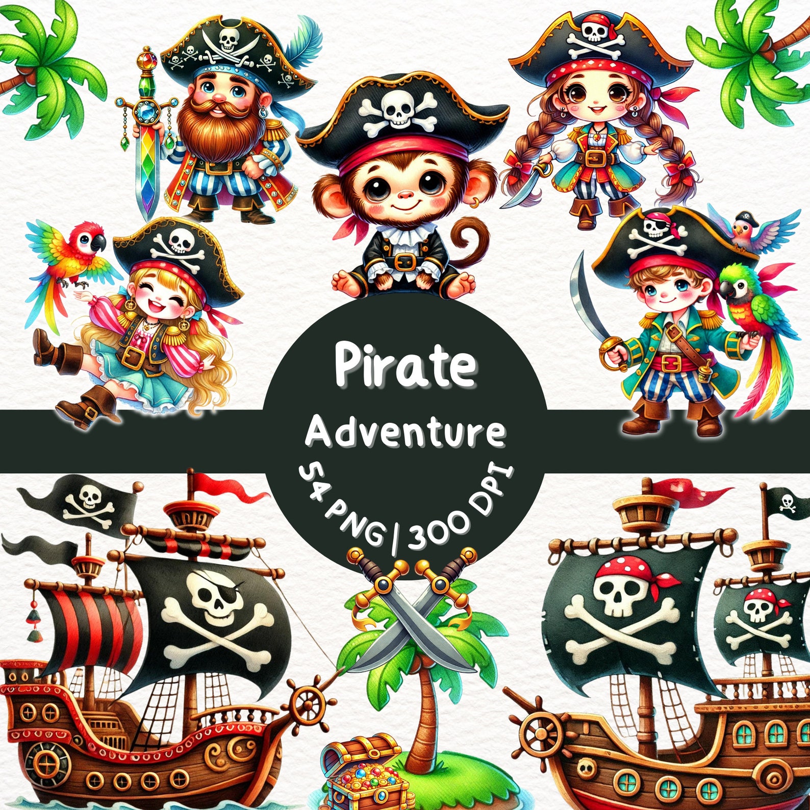 Pirate Adventure, Watercolor Clipart, Pirate Clipart, Cute Pirates ...