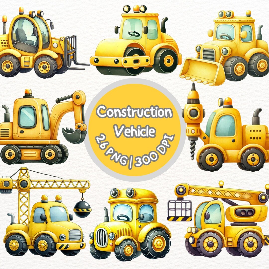 Cute Construction Vehicle Clipart, Backhoe, Crane, Excavator, Truck PNG ...