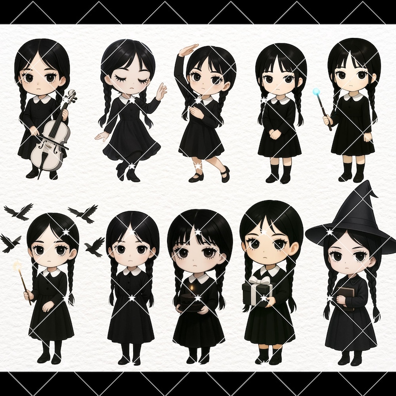 Wednesday Addams Birthday Clipart: Gothic Chibi Girl PNG Set (digital ...