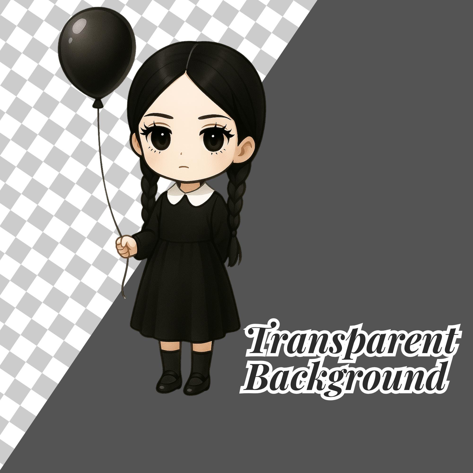 Wednesday Addams Birthday Clipart: Gothic Chibi Girl PNG Set (digital ...