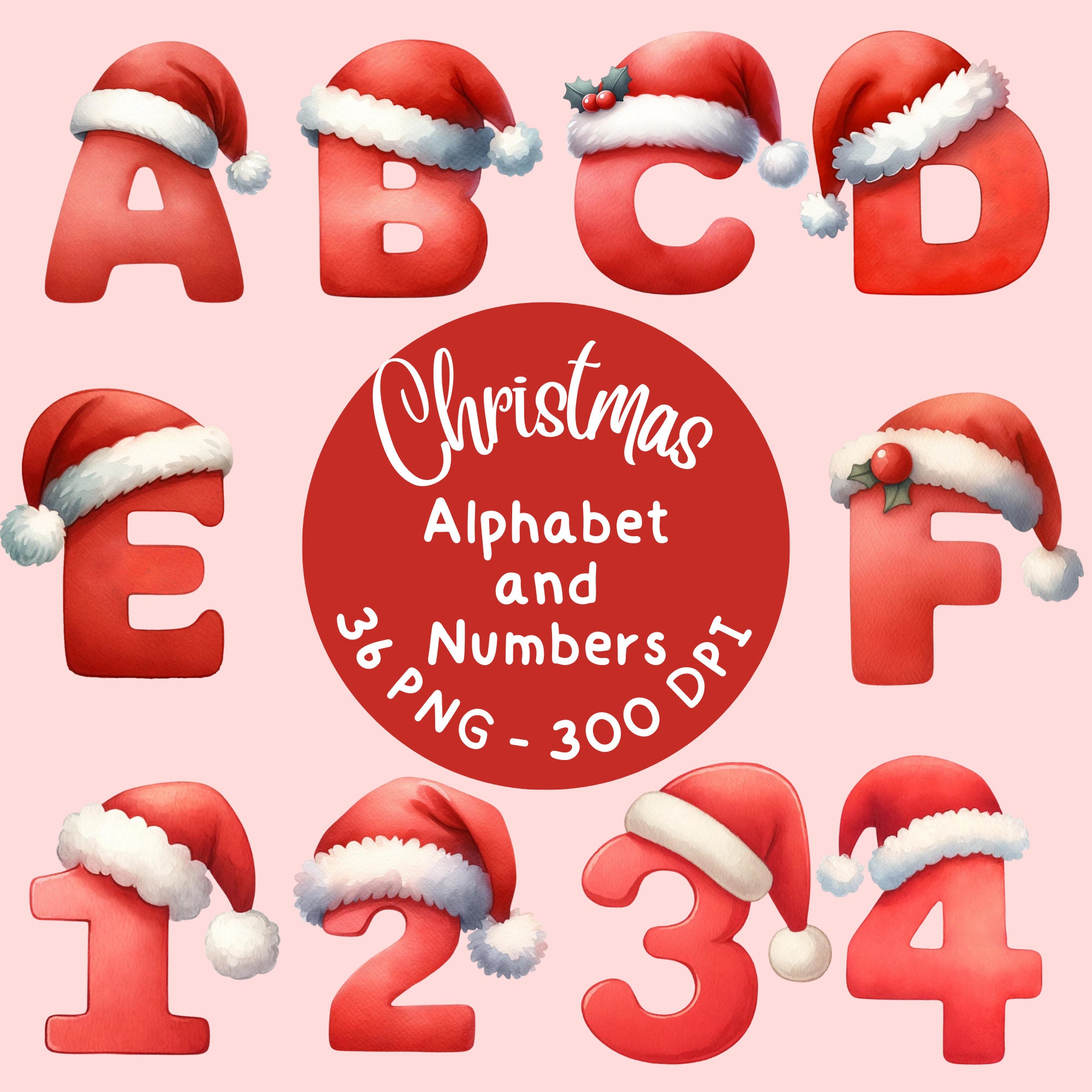 Watercolor Christmas Alphabet and Numbers Clipart (PNG Digital Download ...