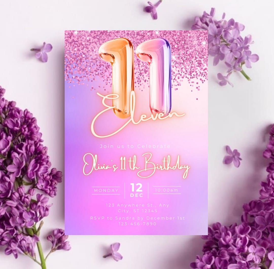Editable Pink 11th Birthday Invitation Template Glitter Birthday Party ...