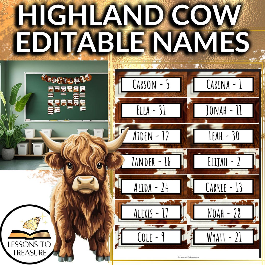 Editable Labels Names Highland Cow Theme Birthday Bulletin Board - Etsy