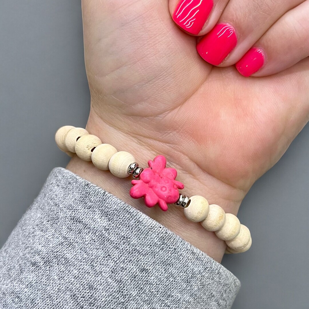 Wood Bead Bee Bracelet | Pink Howlite, Stretchy 7" - Etsy