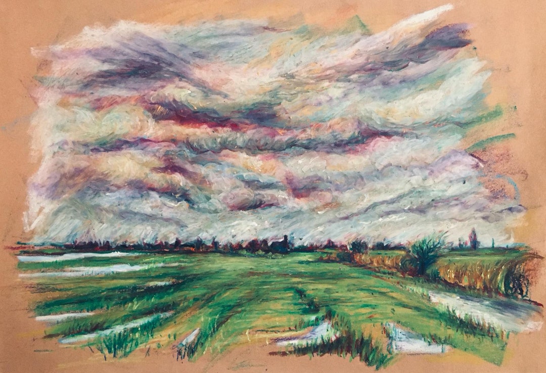 Romney Marsh, Kent, England. Oil Pastel Landscape and Clouds, Handmade ...