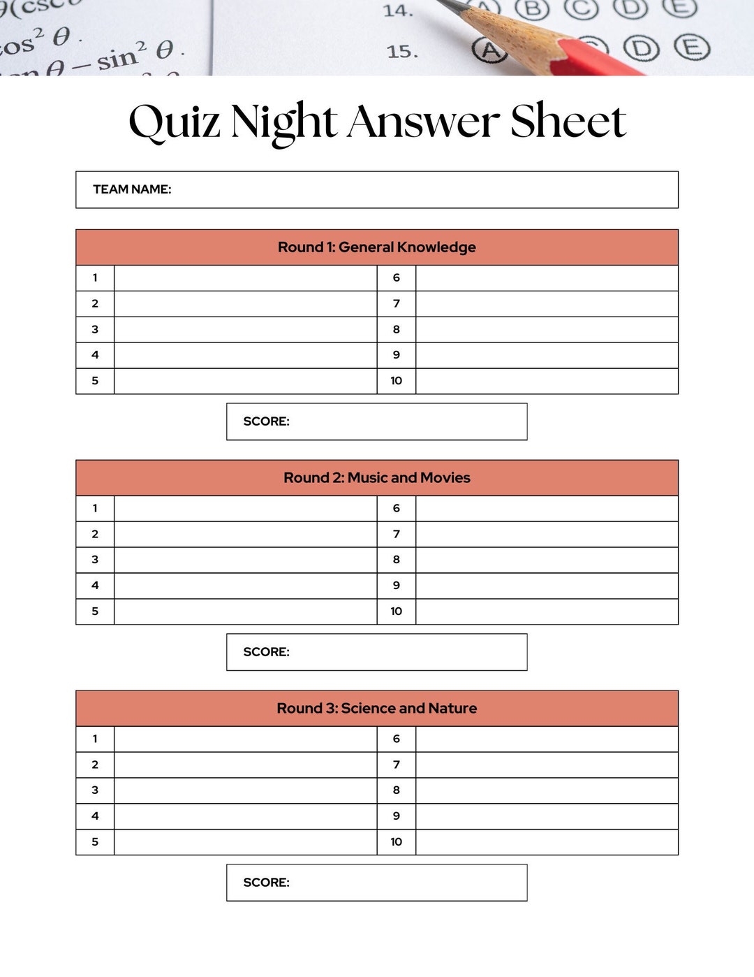 Trivia Answer Sheets - Printable Quiz Sheets for Game Nights - Fun ...