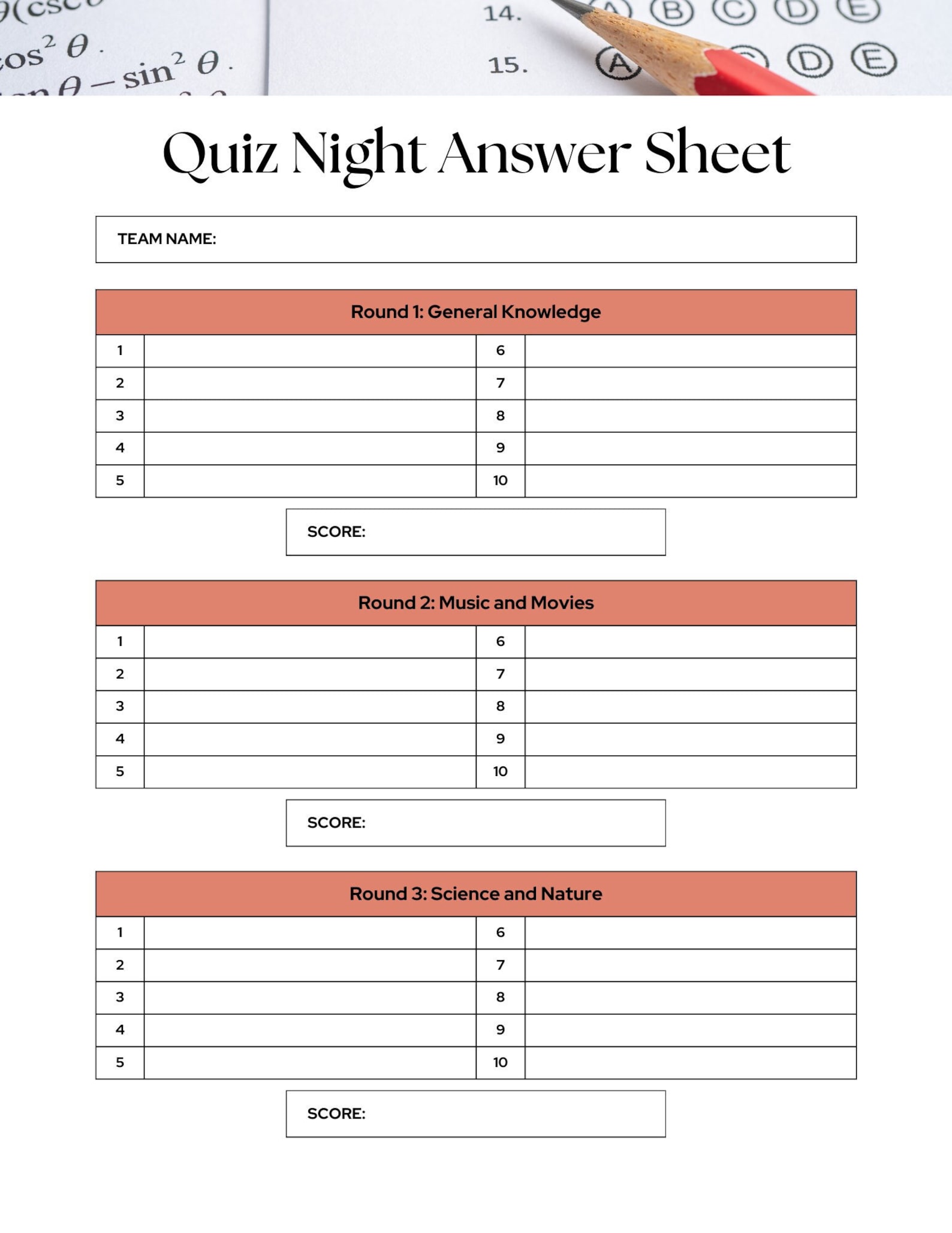 Trivia Answer Sheets - Printable Quiz Sheets for Game Nights - Fun Family Activity - Instant ...