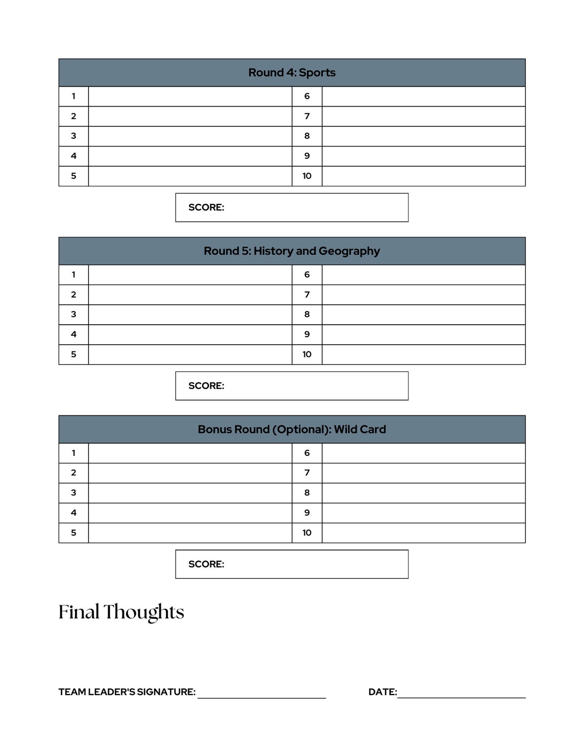 Trivia Answer Sheets - Printable Quiz Sheets for Game Nights - Fun ...