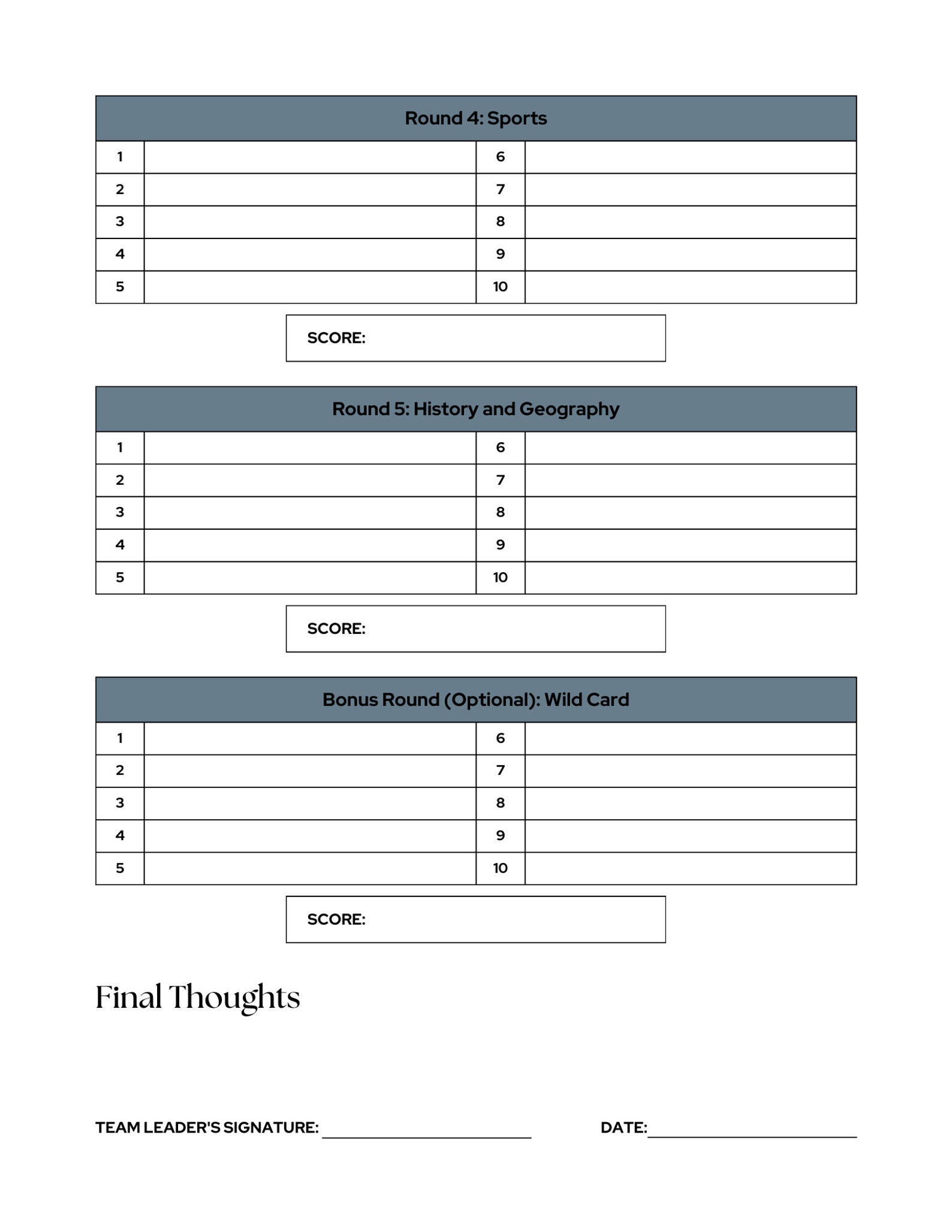 Trivia Answer Sheets - Printable Quiz Sheets for Game Nights - Fun ...
