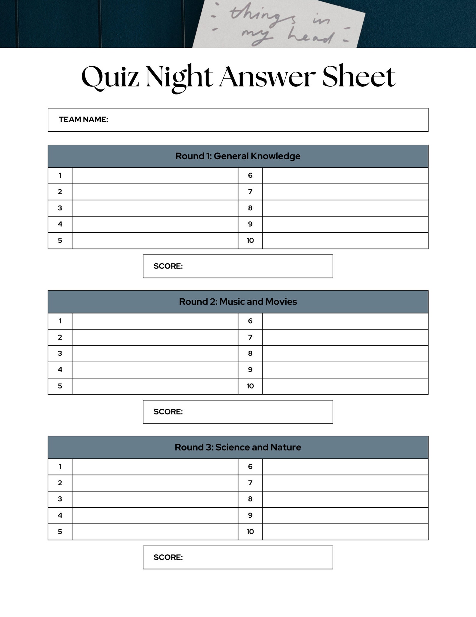 Trivia Answer Sheets - Printable Quiz Sheets for Game Nights - Fun ...