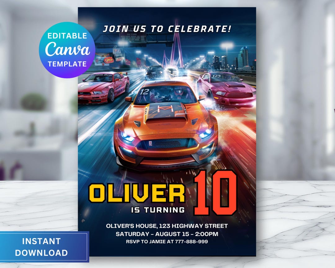 Hot Cars Birthday Invitation, Racing Need Four Speed Birthday Card ...