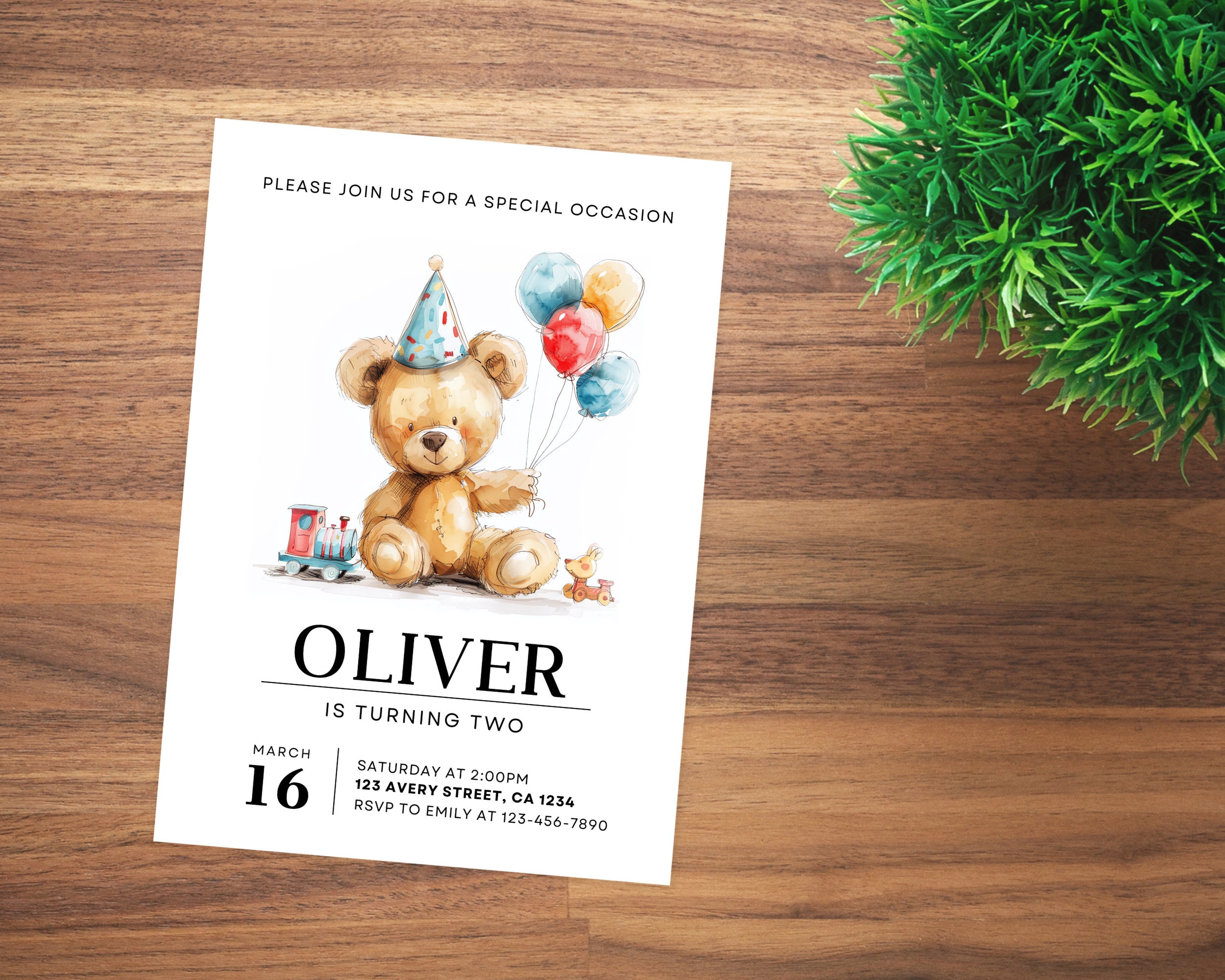 Teddy Bear Birthday Invitation, Cute Bear Party Invitation, Minimalist ...