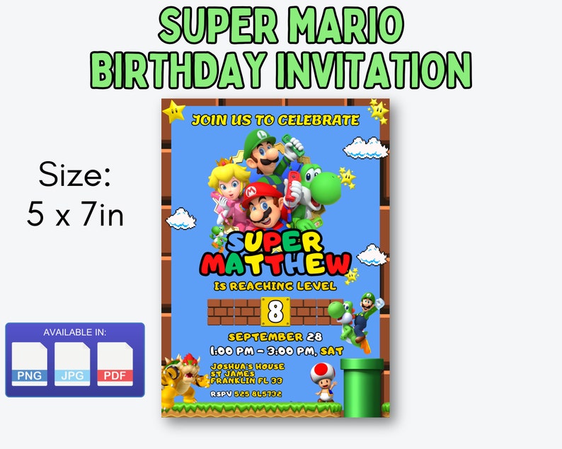 Super Mario Invitation, Super Mario Bros Birthday Party Digital ...