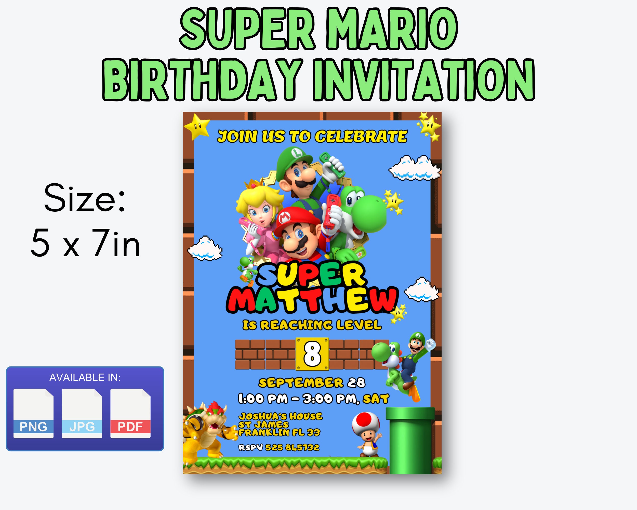 Super Mario Invitation, Super Mario Bros Birthday Party Digital ...