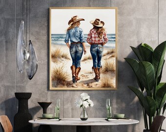 Coastal Cowgirls, Printable Wall Art, Watercolor Poster Design, Digital ...