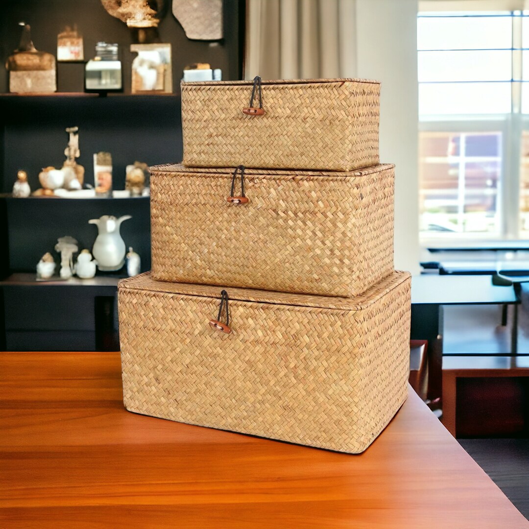 Set of 3 Rectangular Wicker Basket With Lid Storage Box Laundry Hamper ...