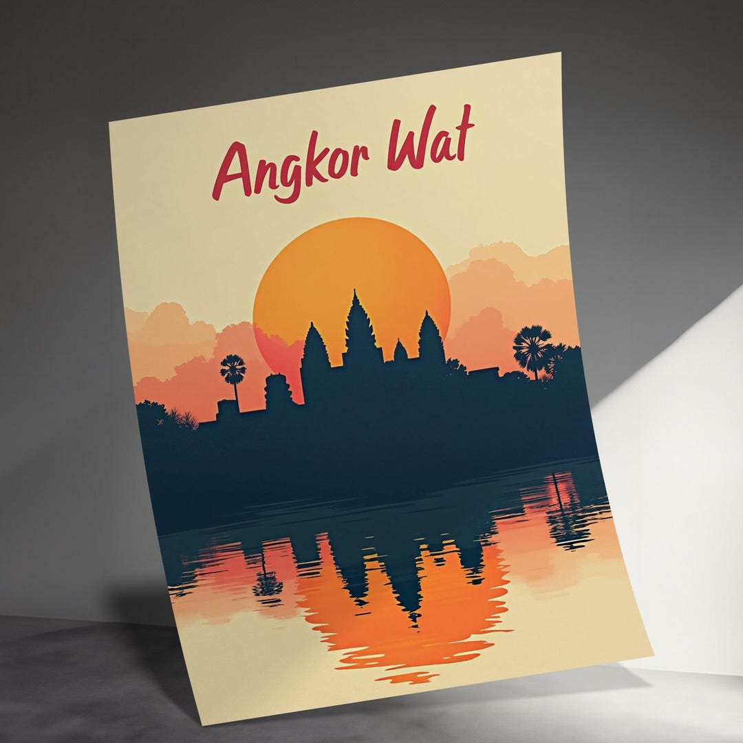 Angkor Wat Digital Art Print, Vintage Travel Poster, Cambodia Wall ...