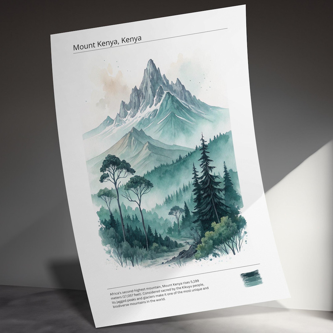 Mount Kenya Watercolour Art, African Landscape Poster, Mountain Print ...