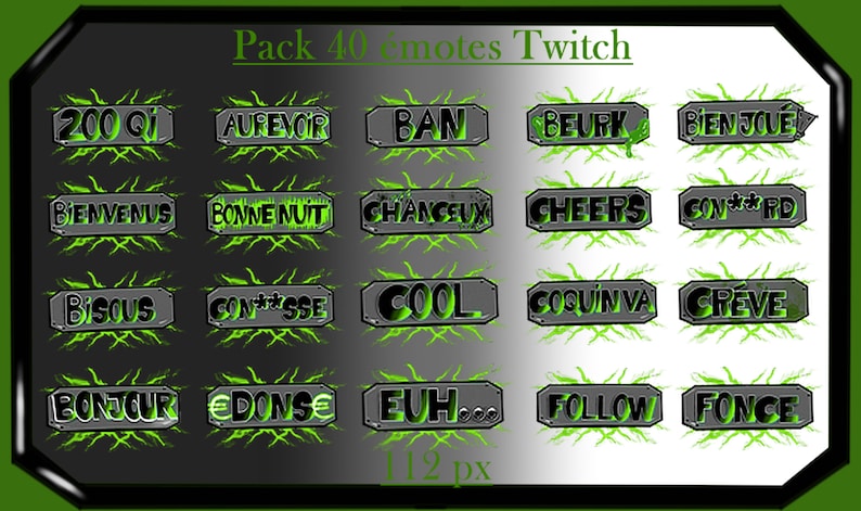 Pack of 40 French Twitch Emotes, Metal Plate/lightning Bolts, Black and ...