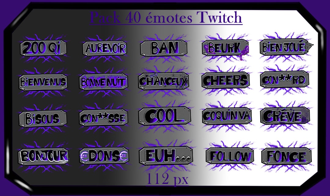 Pack 40 French Twitch Emotes, Metal Plate/lightning Bolts, Black and ...
