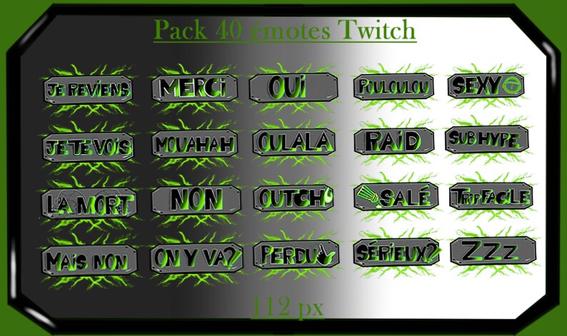 Pack of 40 French Twitch Emotes, Metal Plate/lightning Bolts, Black and ...