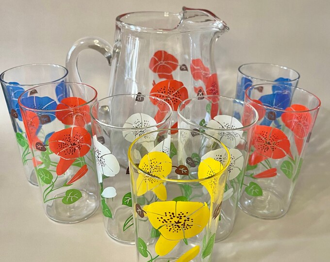 Vintage Floral Glasses & Pitcher- Morning Glory Design- Large Pitcher ...