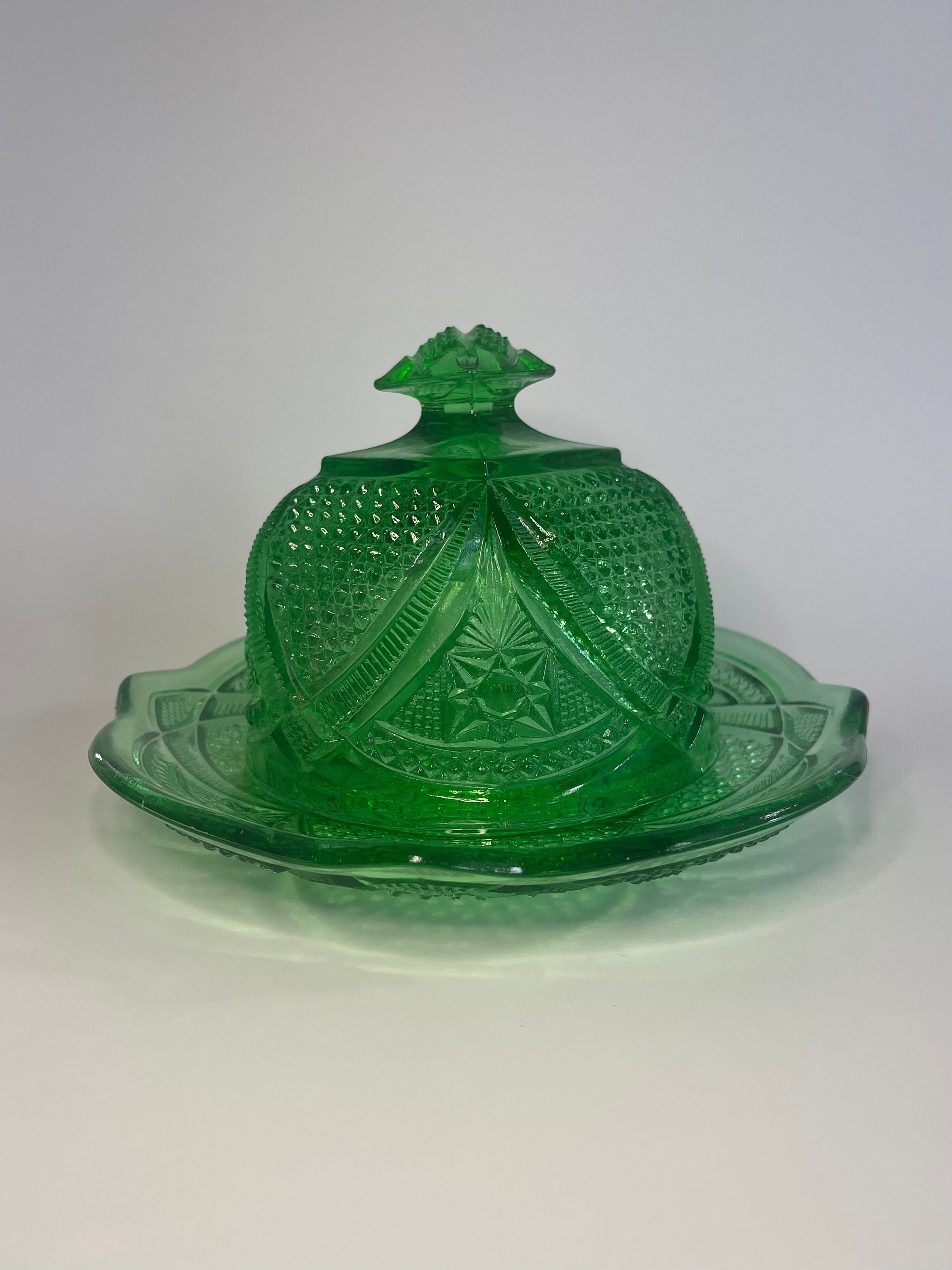 Vintage Emerald Green Covered Butter Dish RARE Massachusetts Pattern by ...