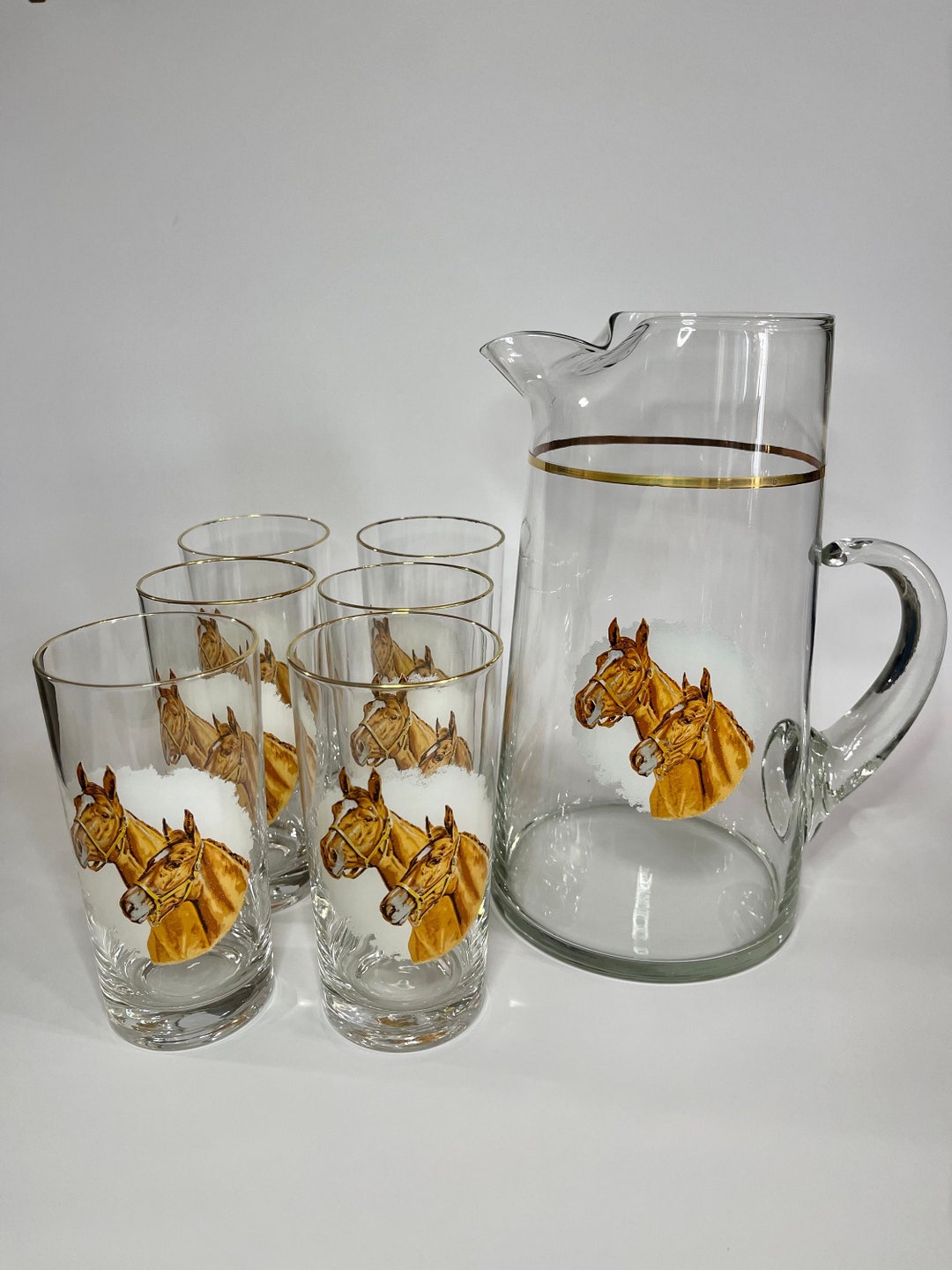 Vintage Horse Highball Glasses & Pitcher- Gold Rimmed- Set of 6- RARE ...