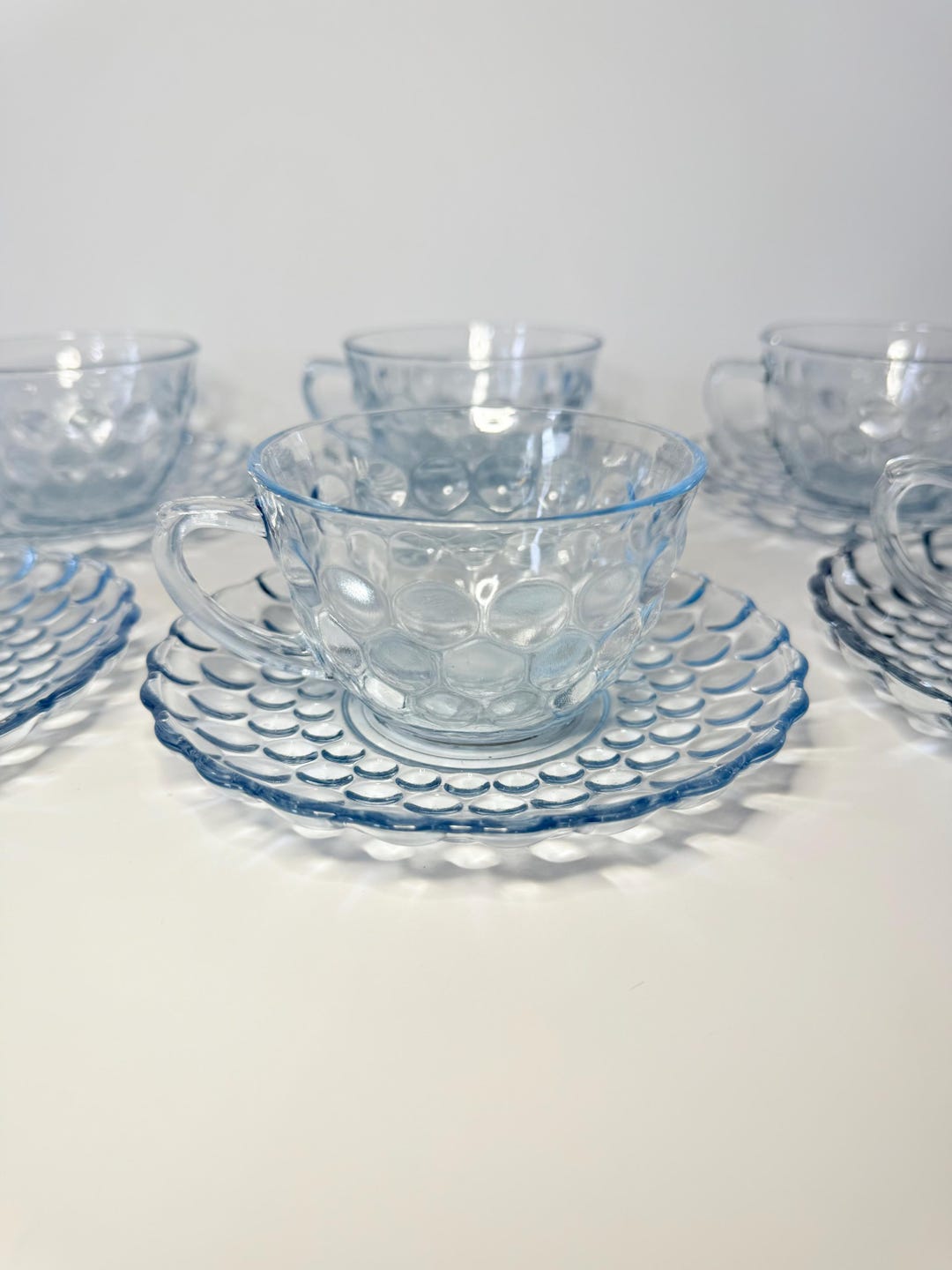 Vintage Anchor Hocking Blue Bubble Glass Cup & Saucer- Choose Set Size ...