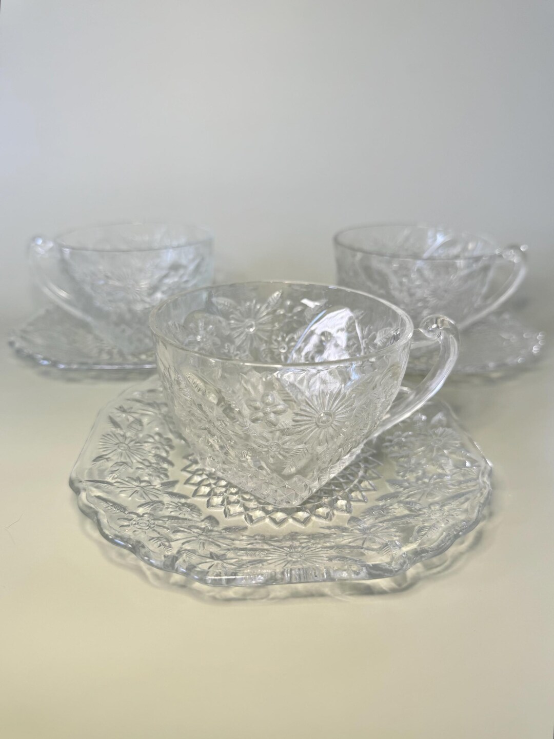 Vintage Indiana Glass Clear Pineapple & Floral Pattern Cup and Saucer ...