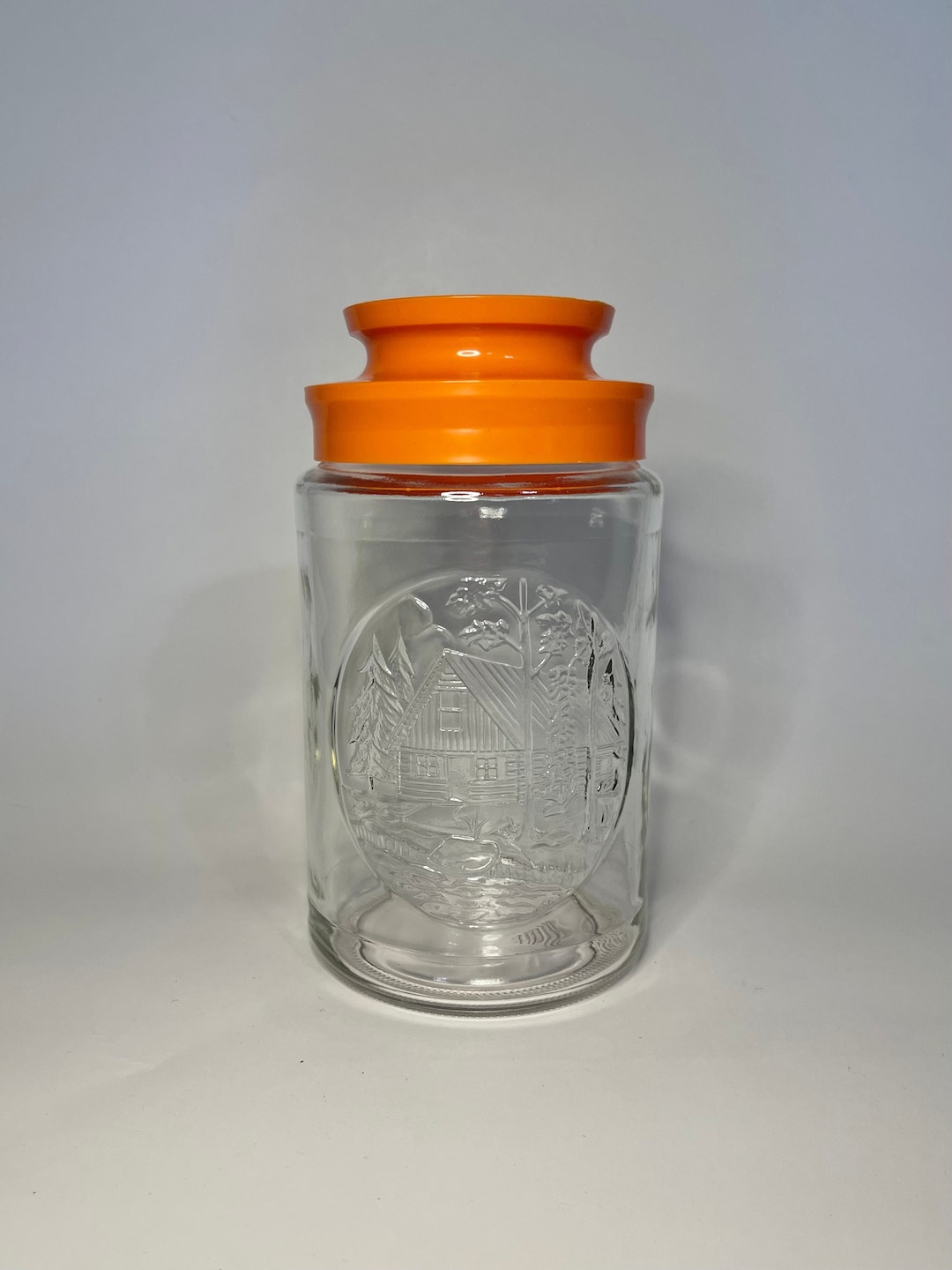 Vintage Anchor Hocking Tang Glass Storage Jar With Orange Lid & Country ...