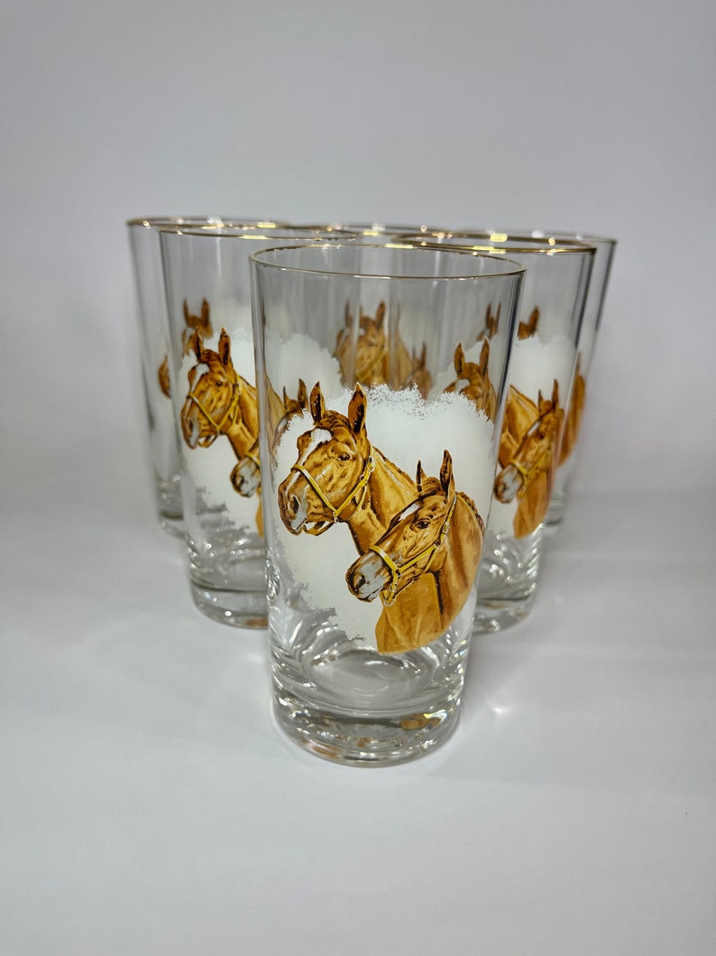 Vintage Horse Highball Glasses & Pitcher Gold Rimmed Set of 6 RARE ...