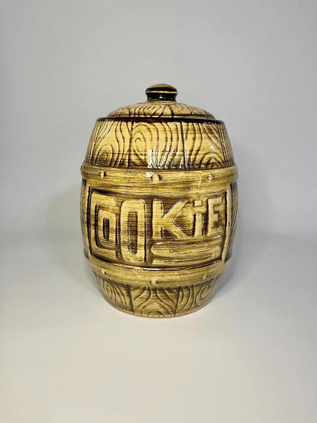 Vintage Barrel Cookie Jar- Ceramic Wood Grain Style- Oven Proof USA ...