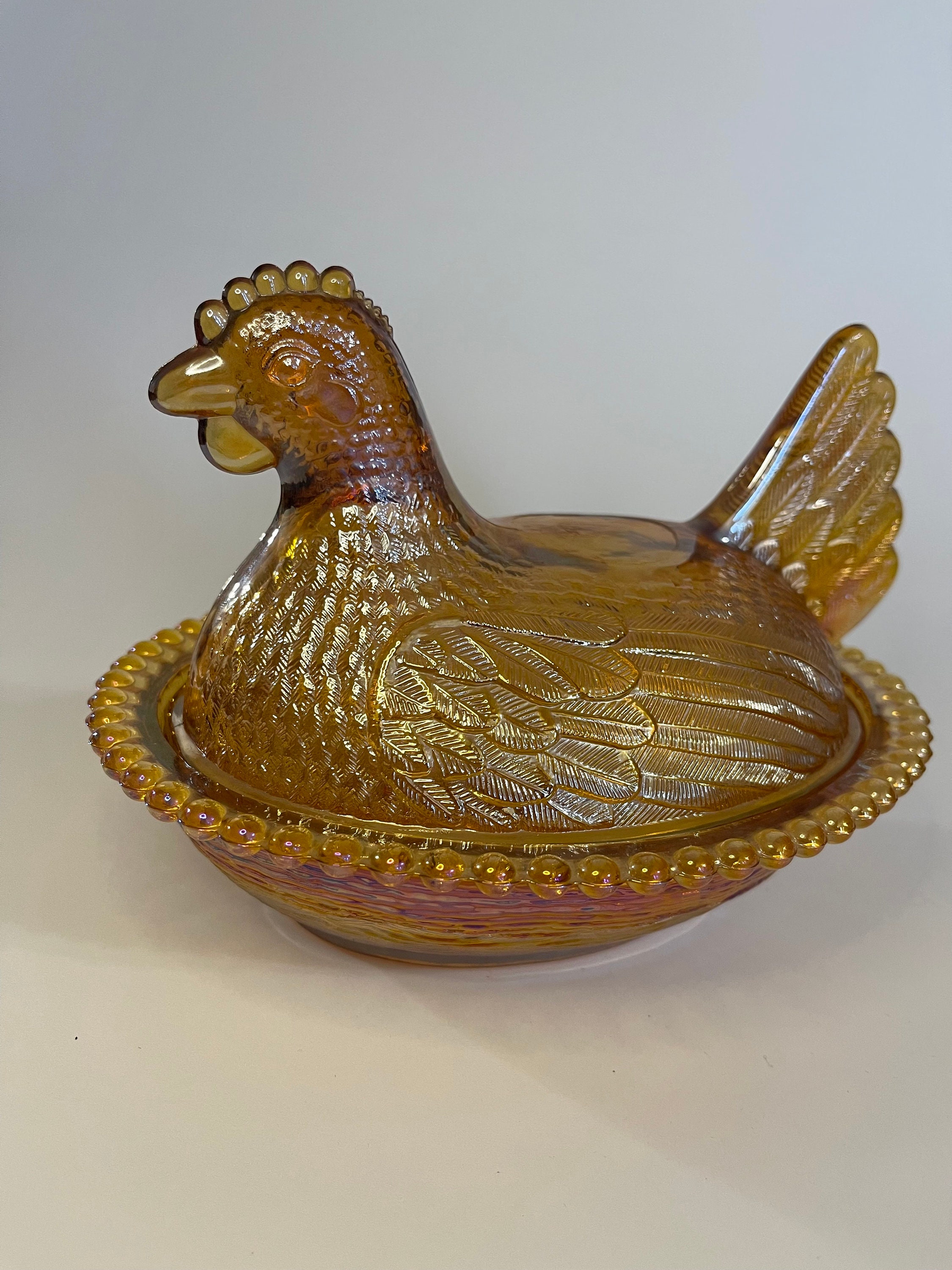 Vintage Iridescent Amber Carnival Glass Hen on Nest Indiana Glass Co ...