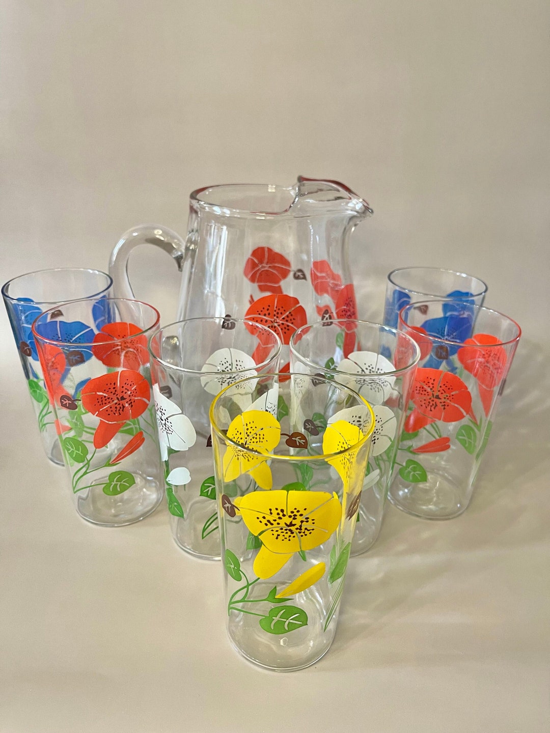 Vintage Floral Glasses & Pitcher- Morning Glory Design- Large Pitcher ...