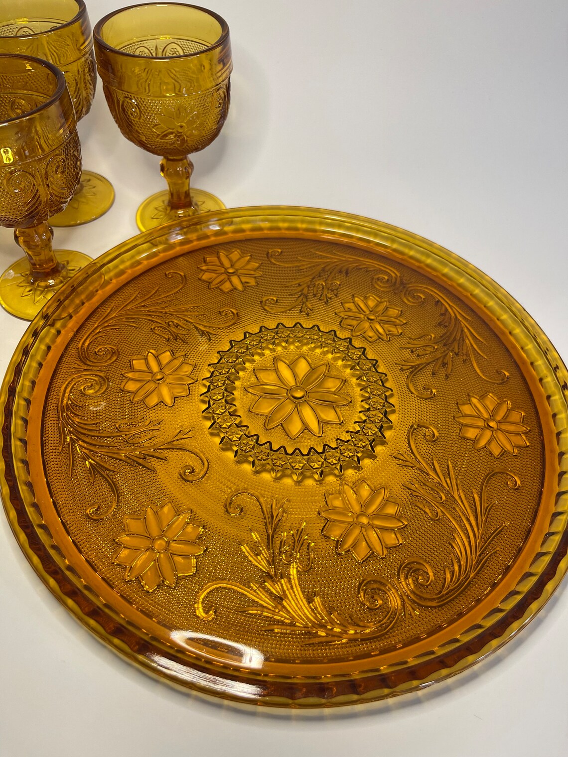 Vintage Amber Tiara Sandwich Pattern Tray or Set of 5 Wine Glasses ...