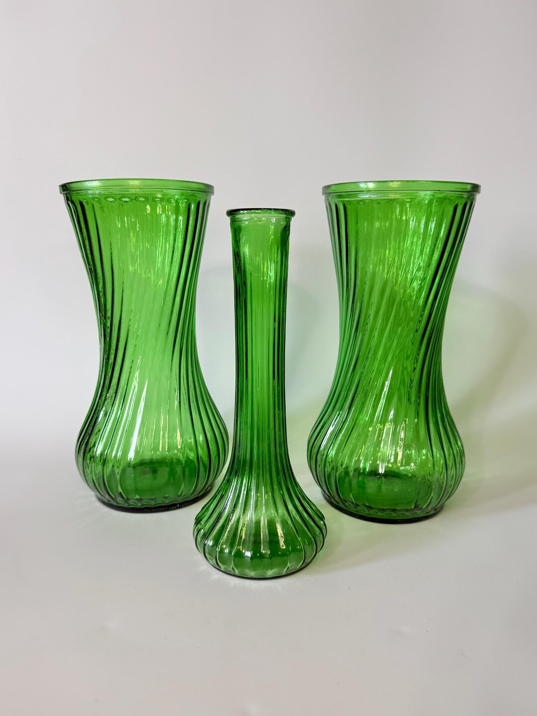 Vintage Hoosier Glass Emerald Green Flower Vases- Set of 3- #4091 ...