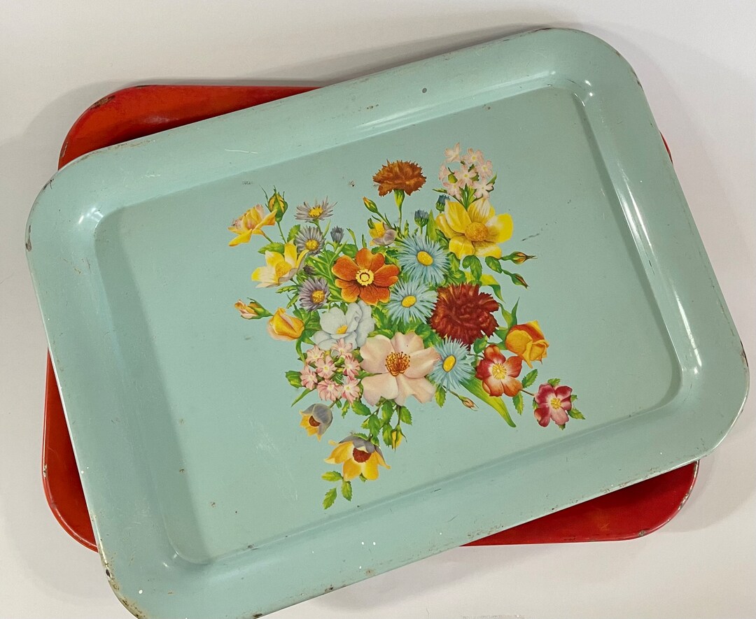 Vintage Floral Metal Serving Trays- Choose Your Color- Teal or Red ...