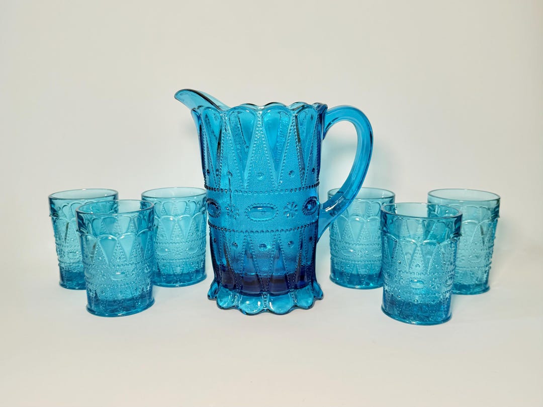 Vintage Kemple Glass Blue Lace & Dewdrop Pitcher and 6 Tumblers- Rare ...