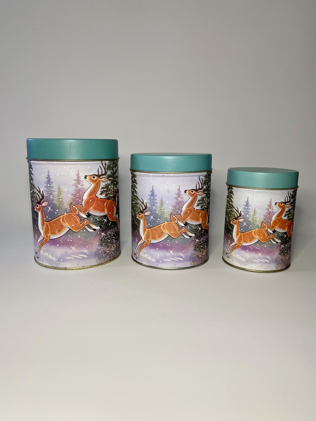 Vintage Christmas Deer Tin Cans With Lids- Set of 3 Nesting- Small Gift ...