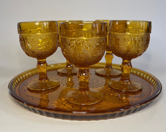 Vintage Amber Tiara Sandwich Pattern Tray & Wine Glass Set- Indiana ...