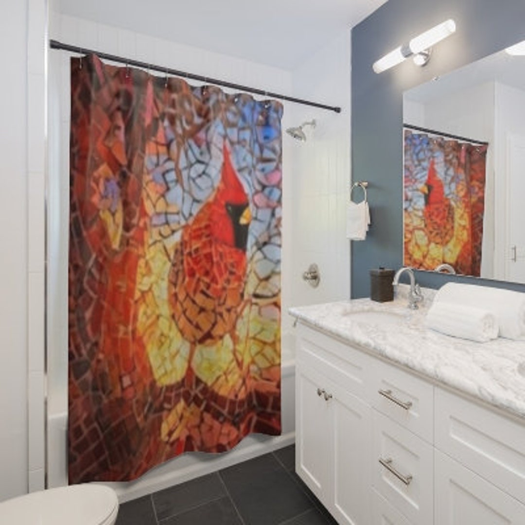 Cardinal Shower Curtains Bird Prints Stained Glass Style Bathroom Decor ...