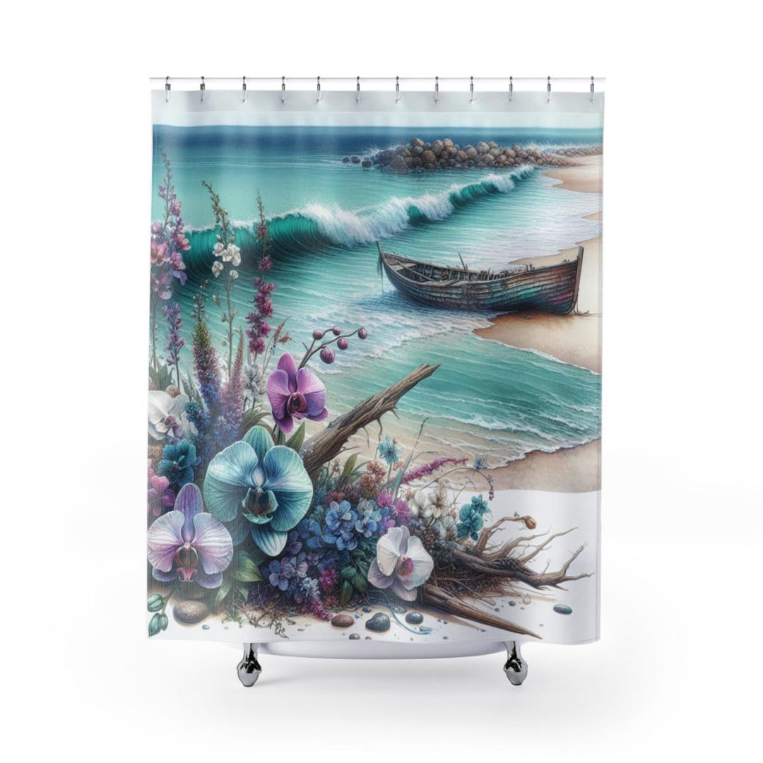 Baech Shower Curtain Wooden Boat Shower Curtain Watercolor Picture ...