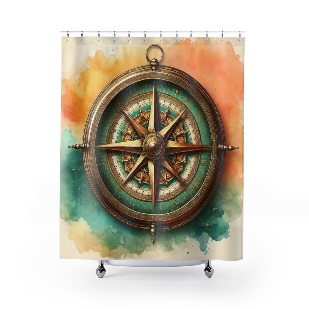 Compass Shower Curtain Golden Compass Bath Curtain Watercolor Picture ...